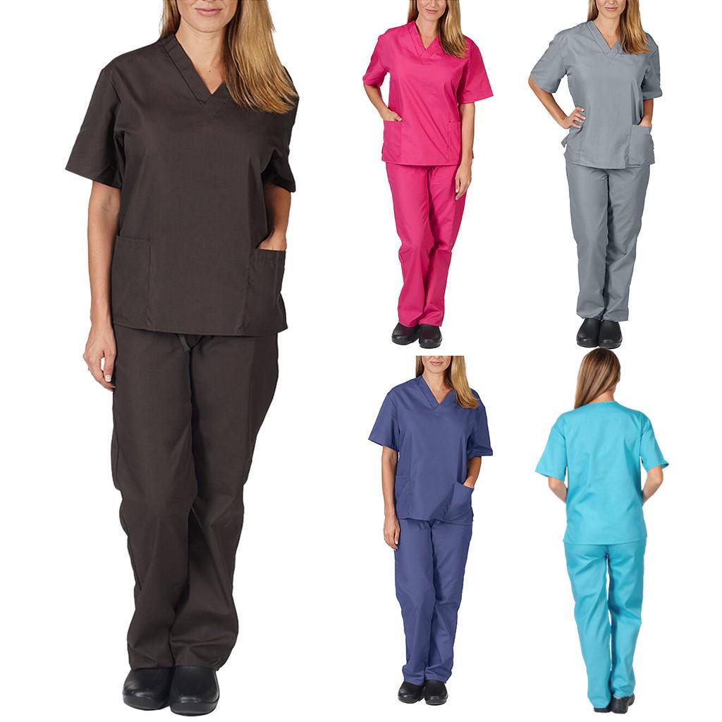 Buy Unisex Nursing Clothing Set Short Sleeve V-neck Tops Pants Working ...