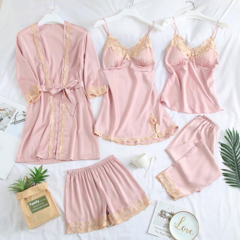 Buy 5Pcs Women Sexy Thin Robe Nightgown Ccondole Belt Shorts Trousers ...