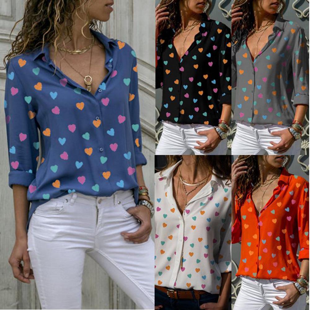 Buy Womens Heart Print Button Shirt Ladies Long Sleeve Loose Casual ...
