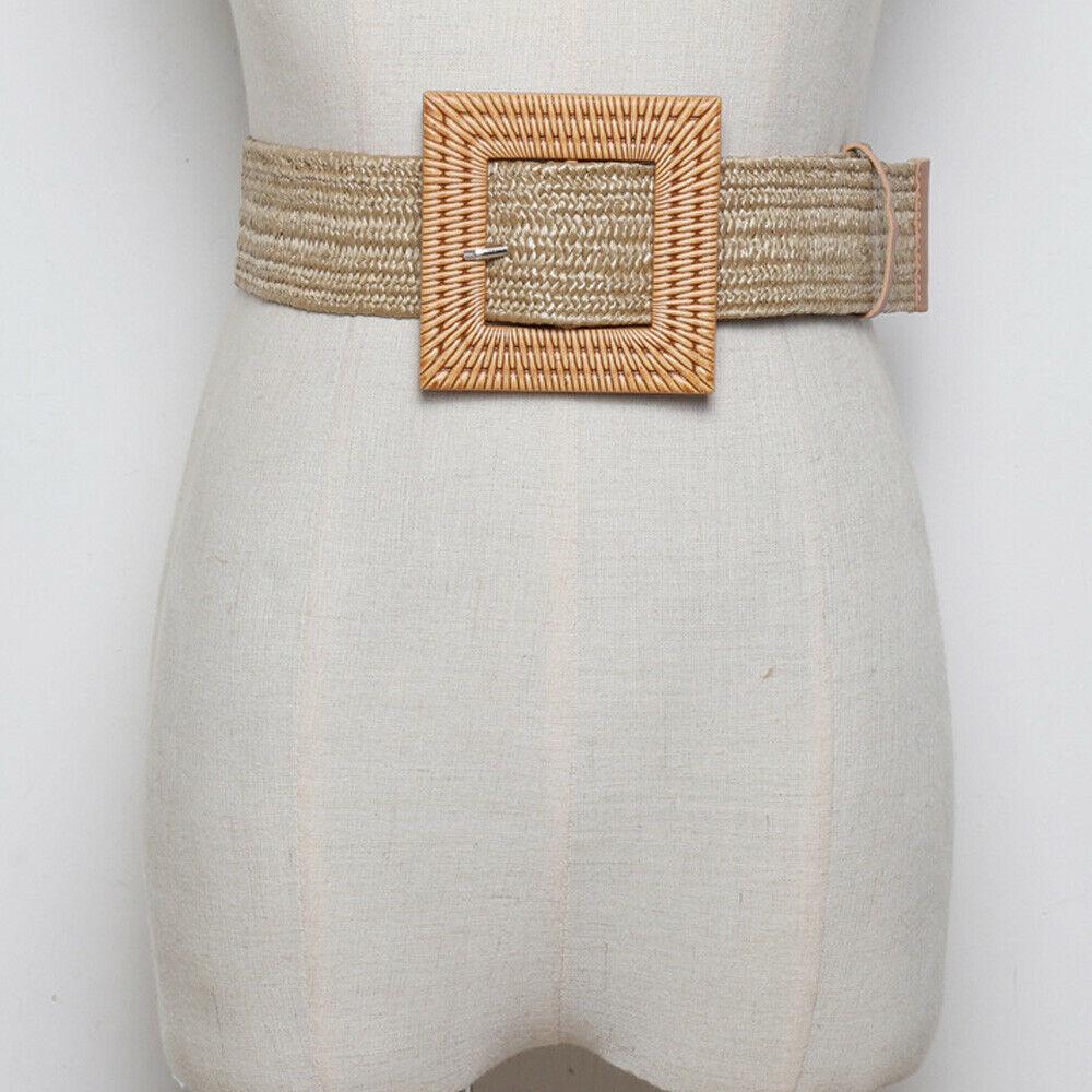 Buy Women Fashion Wooden Button Belt Elastic Straw Belt Decoration ...