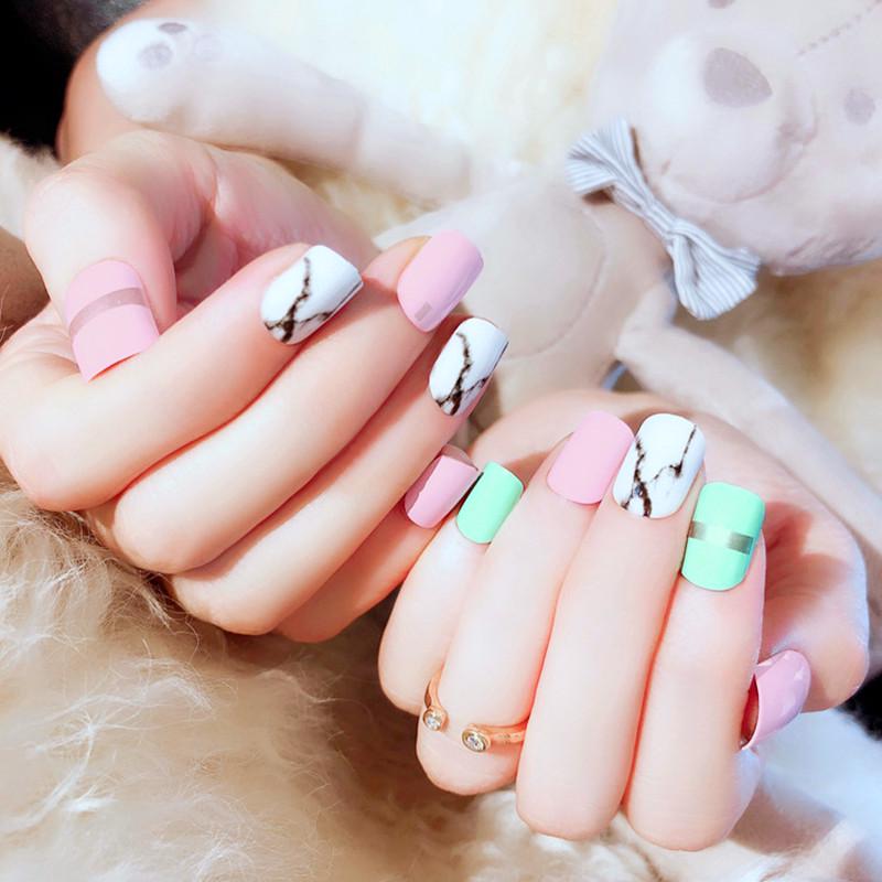 Buy Finished Marble Toe Nails 24 Pieces of Fake Nails White Pink Blue ...