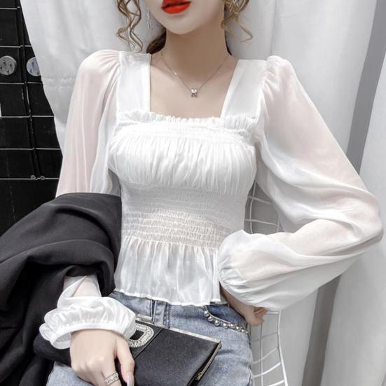 Stephanie Seksi Kadınlar Uzun Puff Sleeve Kare Boyun Bel Sıkı Şifon ...