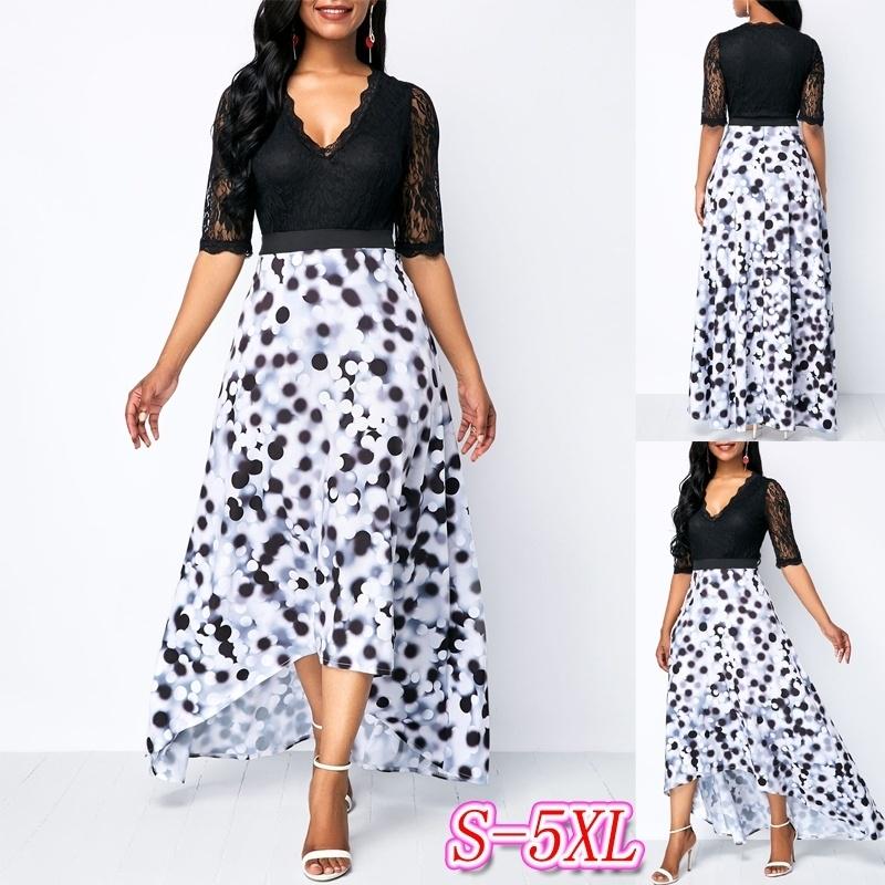 1pcs Woman Fashion V Neck Lace Panel Half Sleeve Maxi Dress uygun ...