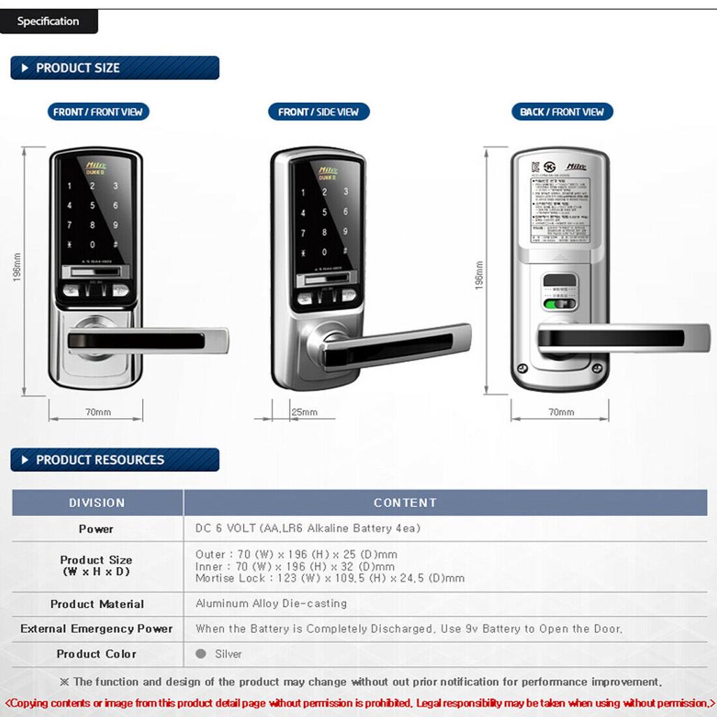 Milre MI-5000D Duke 2 Smart Digital Door Lock Electronic Security Entry ...