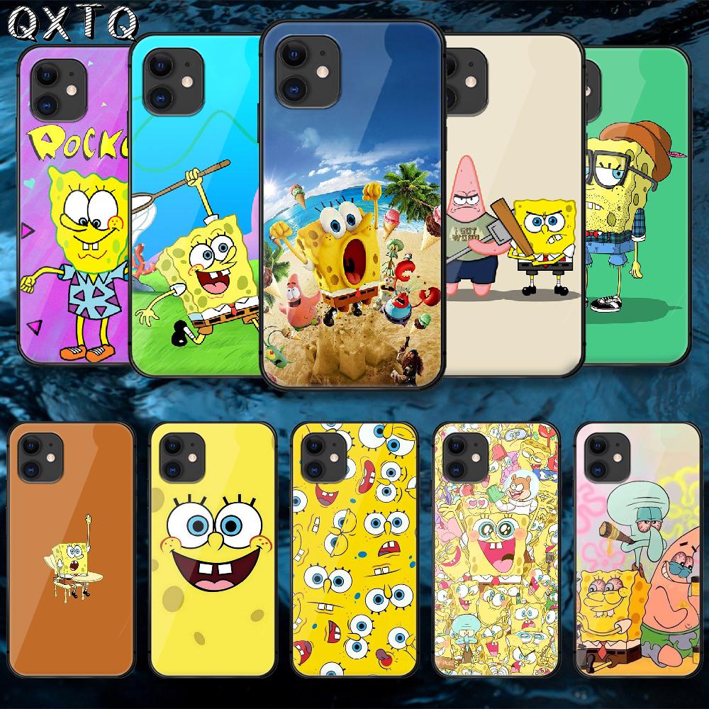Cute Cartoon SpongeBobs Tempered Glass Phone Case Cover For IPhone ...