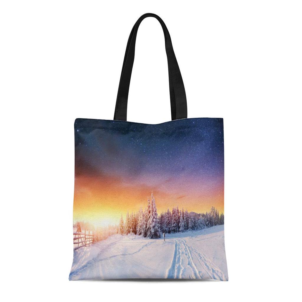 Canvas Tote Bag Starry Sky in Winter Snowy Night Fantastic Milky Way ...