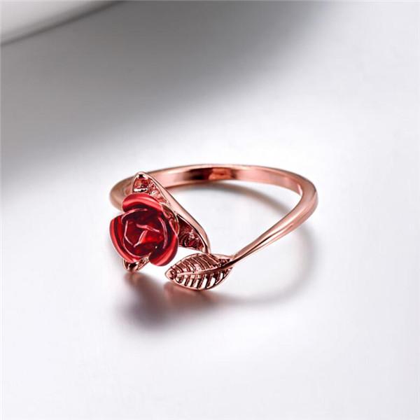 Buy Red Rose Garden Flower Leaves Resizable Finger Rings Women ...