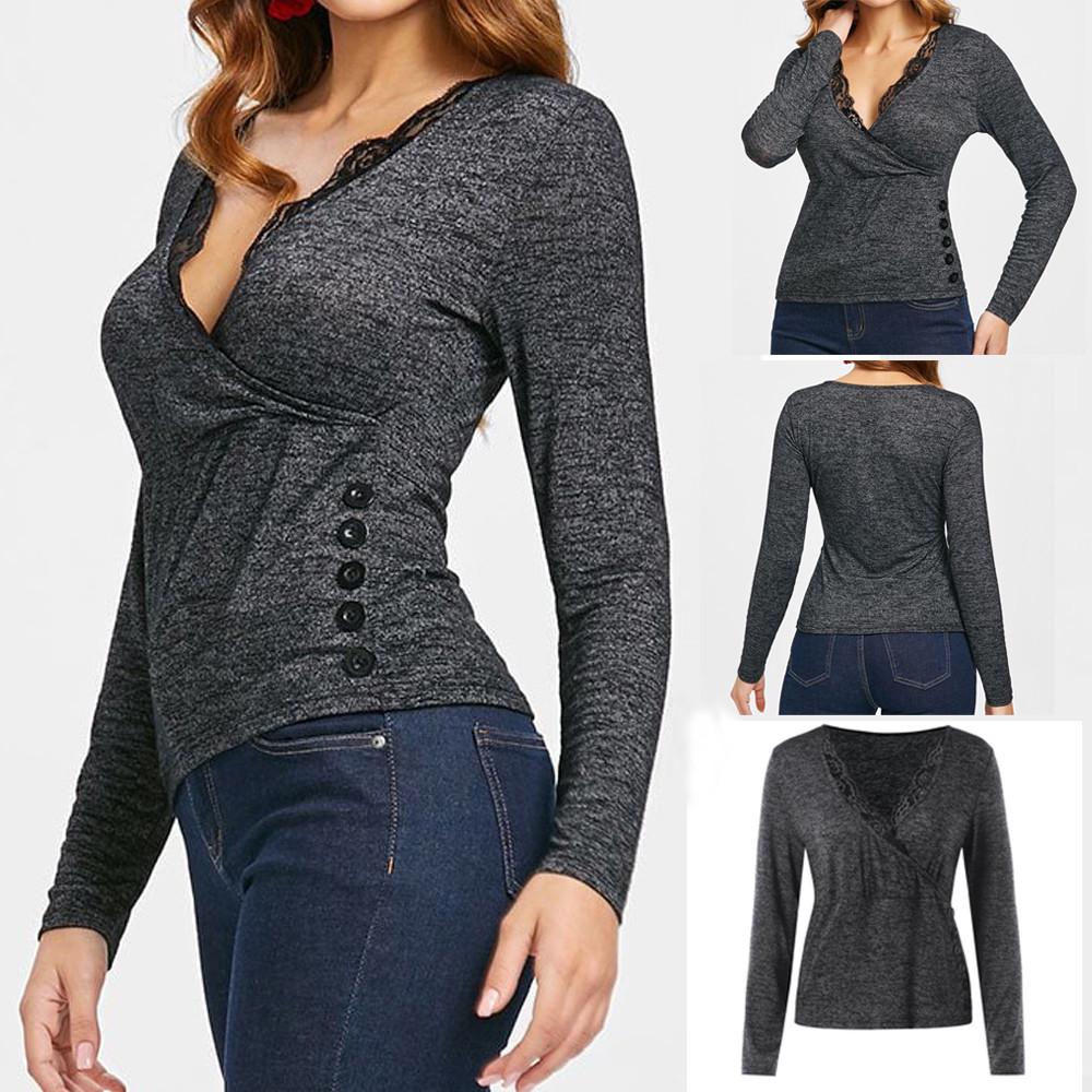 Aominuo Women Plus Size Low Cut Lace V-Neck Long Sleeve Button Top ...