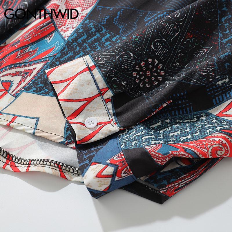 Buy Geometry Patchwork Long Sleeve Shirts Hip Hop Casual Streetwear ...