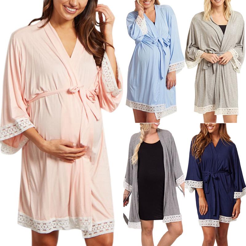 Maternity Sleepwear Cardigan 3XL Women Bandage Lace Patchwork Bathrobe ...