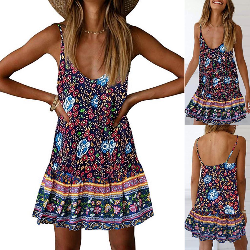 Buy Flowers Print Spaghetti Strap Sexy Backless Summer Beach Mini Dress ...