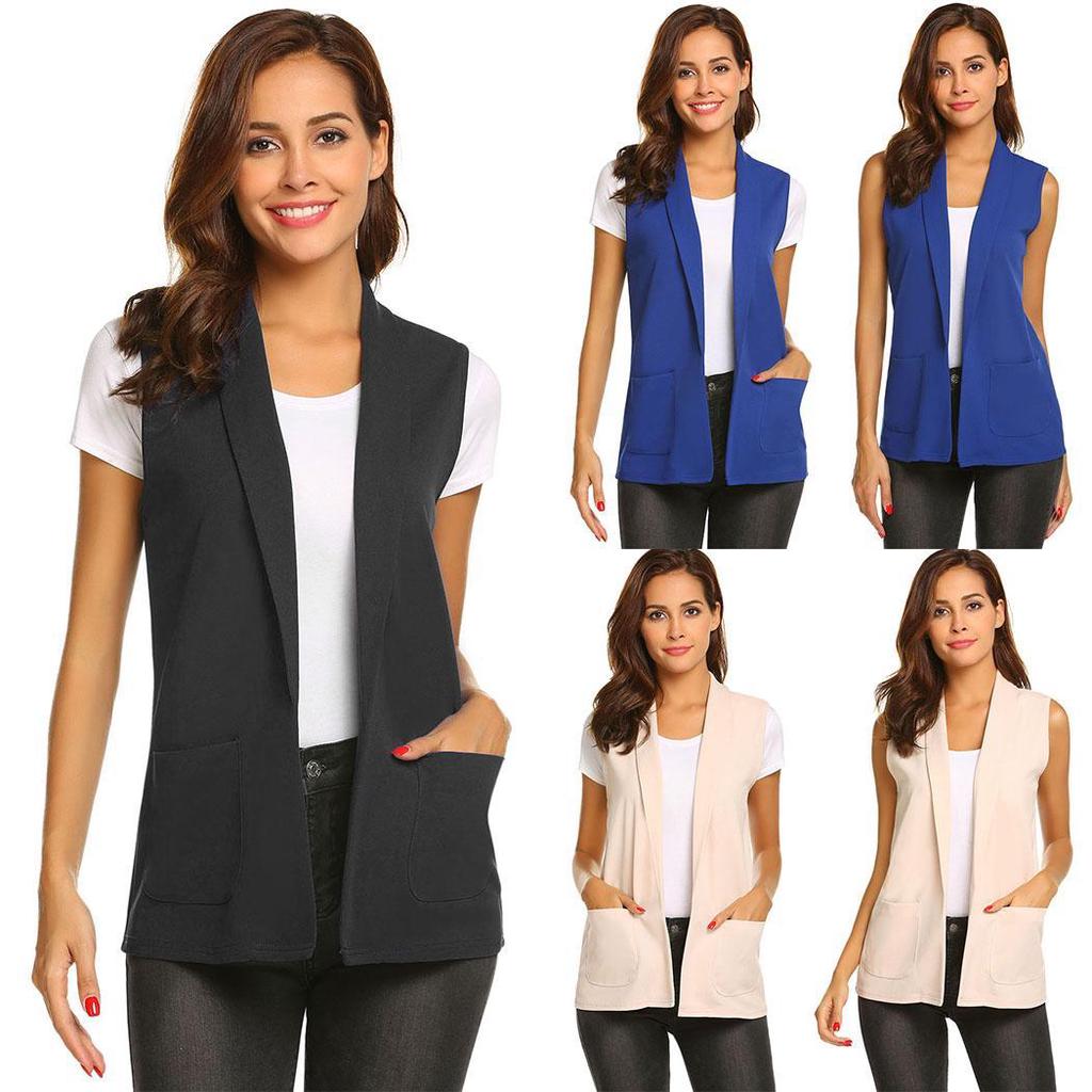 Buy SuperM Women Casual Solid Sleeveless Notched Collar Basic Waistcoat ...
