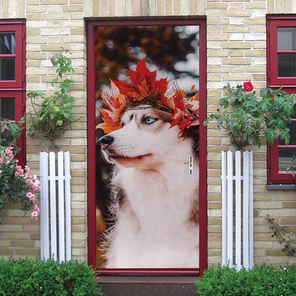 Buy Maple Leaf Wolf Door Sticker Self Adhesive Wallpaper 3D DIY ...