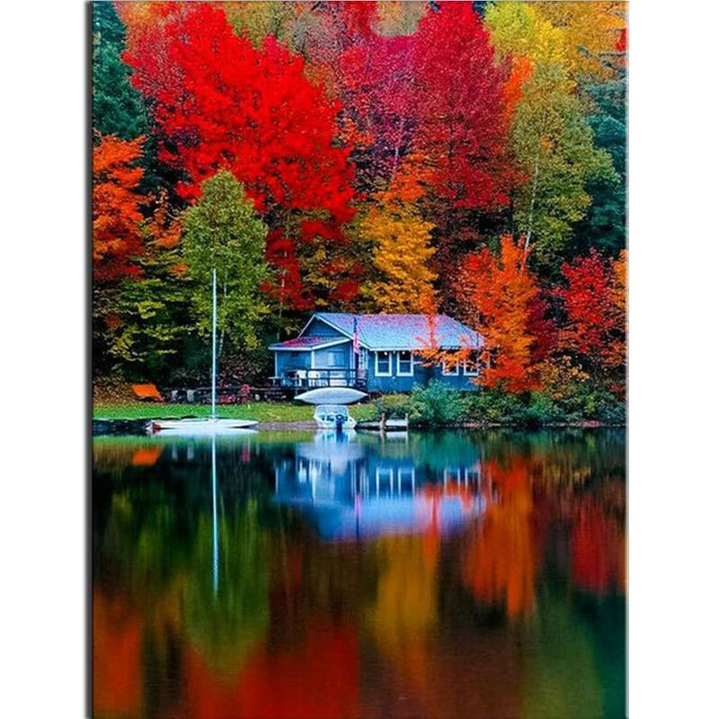 100% Full 5D Diy "Autumn Lake Cabin" 3D Diamond Painting Round ...