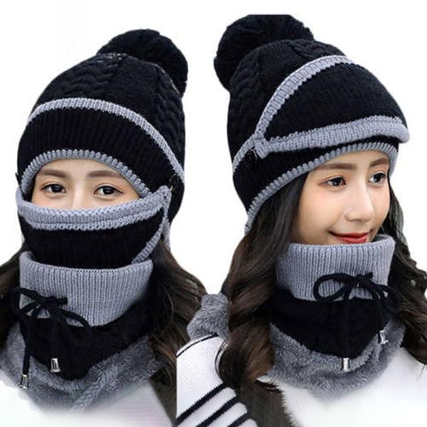 Buy Winter Thick and Plush Warm Ear Protection Knitted Hats Set ...