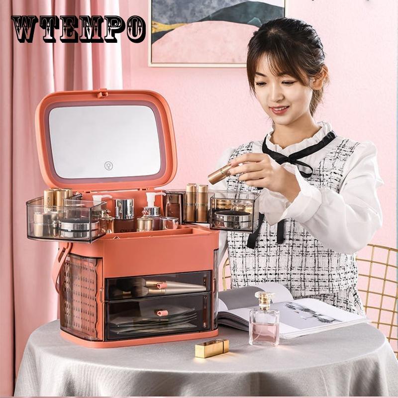 Buy Cosmetic Storage Box with Mirror LED Light Dustproof Household ...