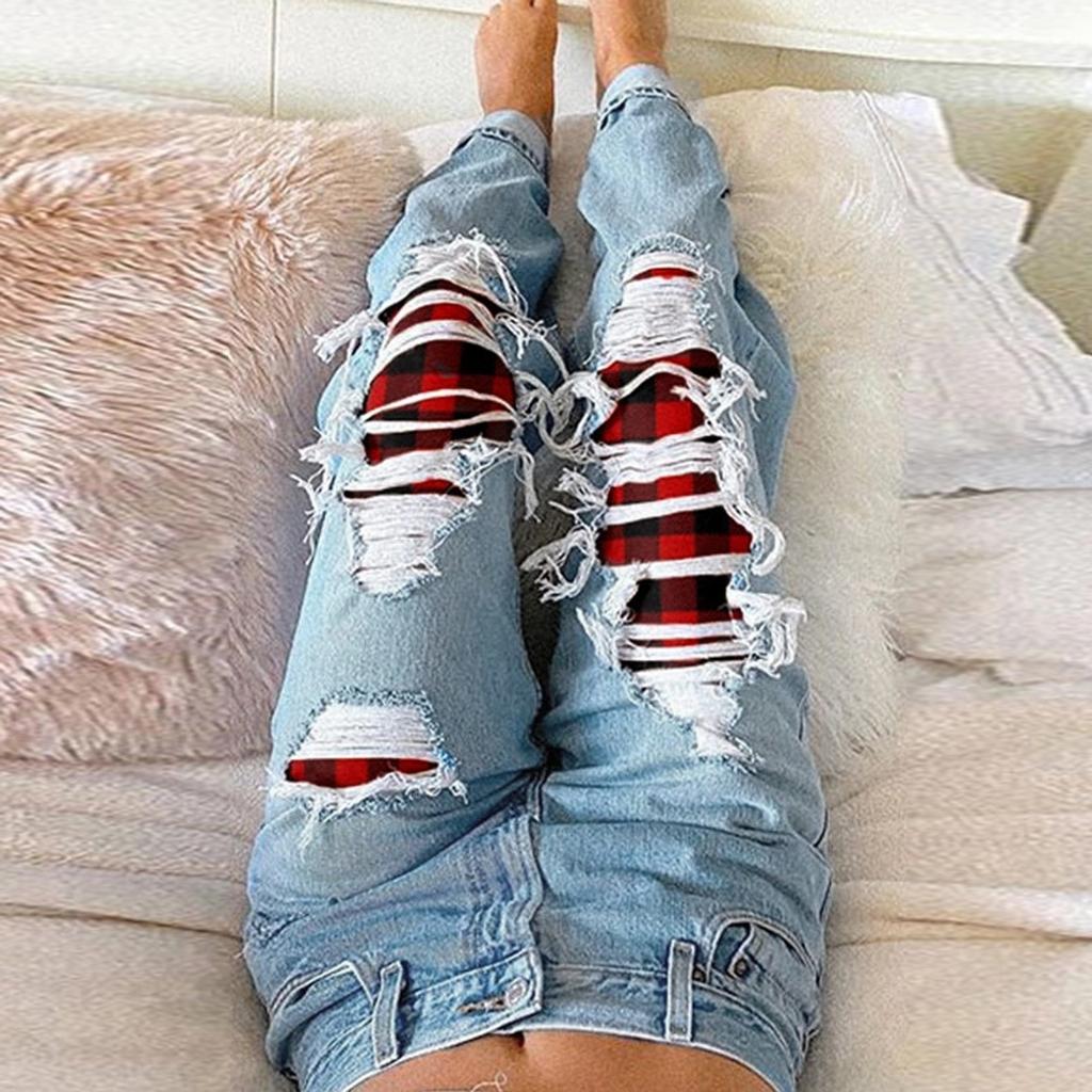 [MG] Women Jeans Snowman Print Ripped Jeans Plus Size Trousers uygun ...