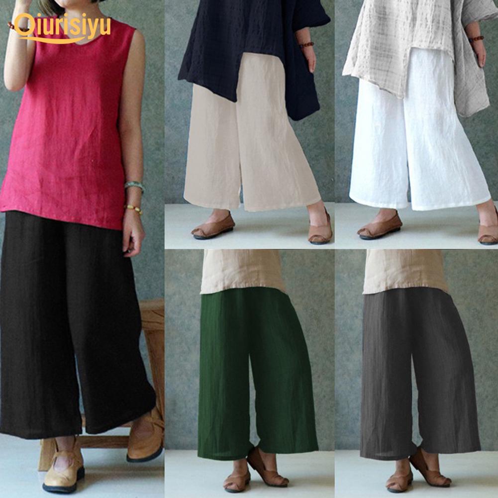 Cheap Solid Color Cotton Linen Plus Size Women Wide Leg Pants | Joom