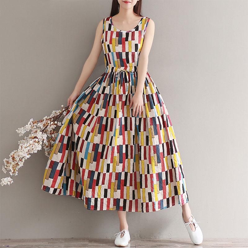 Buy Women Floral Print Sleeveless Dress O Neck Loose Long Maxi Sundress ...