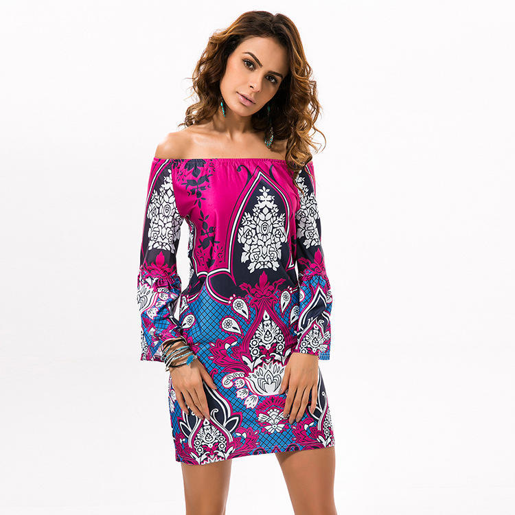 Women Summer Wind Printing Dresses A Single Word Collar Beach Party ...