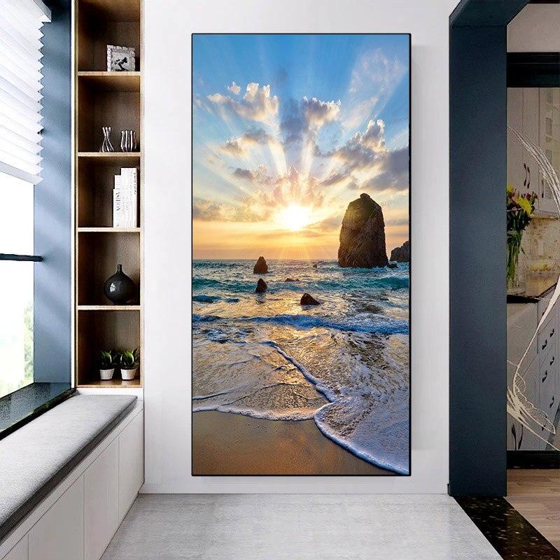 Buy Seascape Beach Sunrise Ocean Wave Rocks Canvas Painting Nordic ...