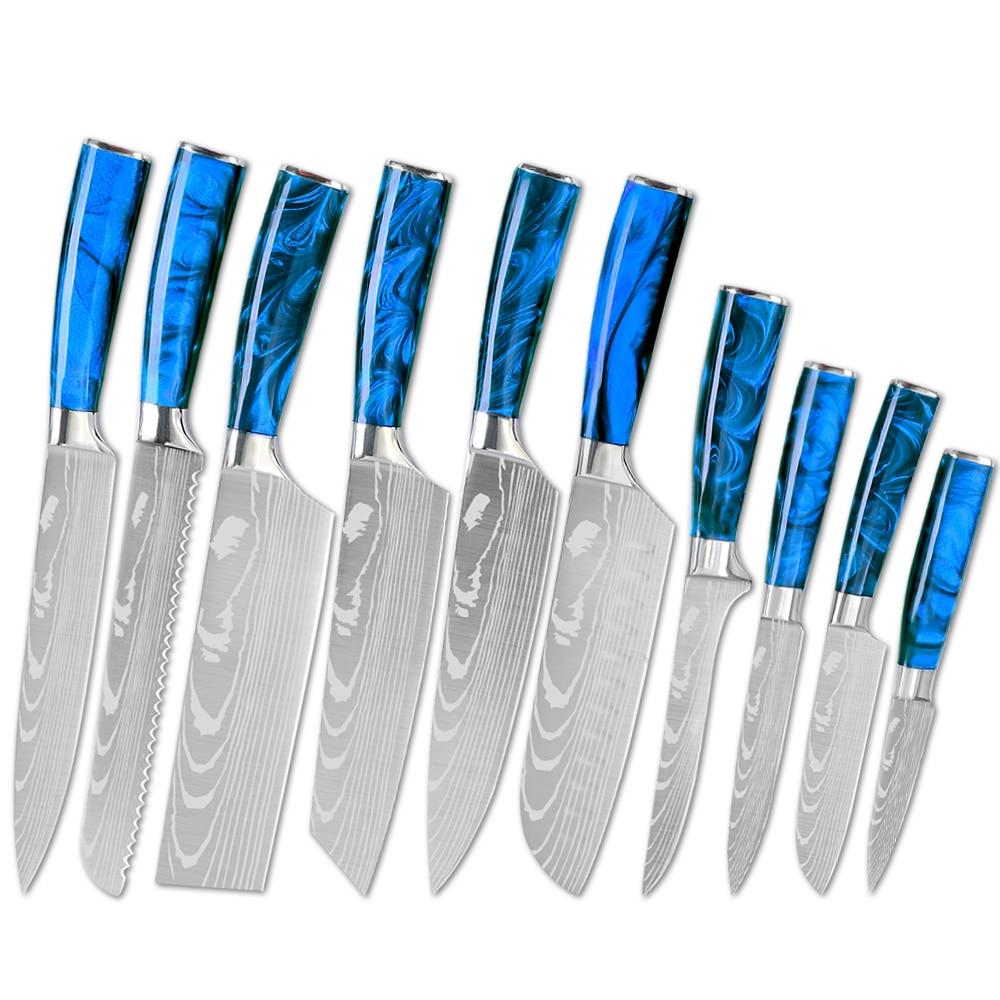 10 Pieces Kitchen Knives Set Blue Resin handle Laser Blade Cooking ...