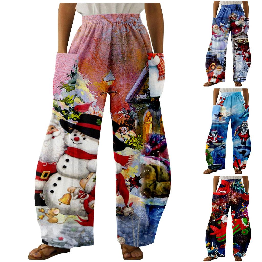 (Pants)Women Fashion Christmas Santa Claus Snowmen Print Casual Loose ...