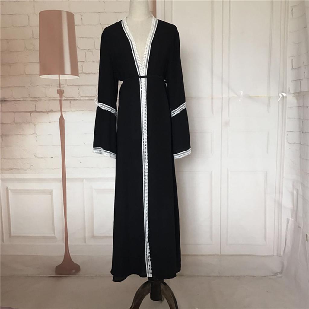 Buy Muslim Women Summer Black Lace Stitching Embroidery Cardigan Robes ...