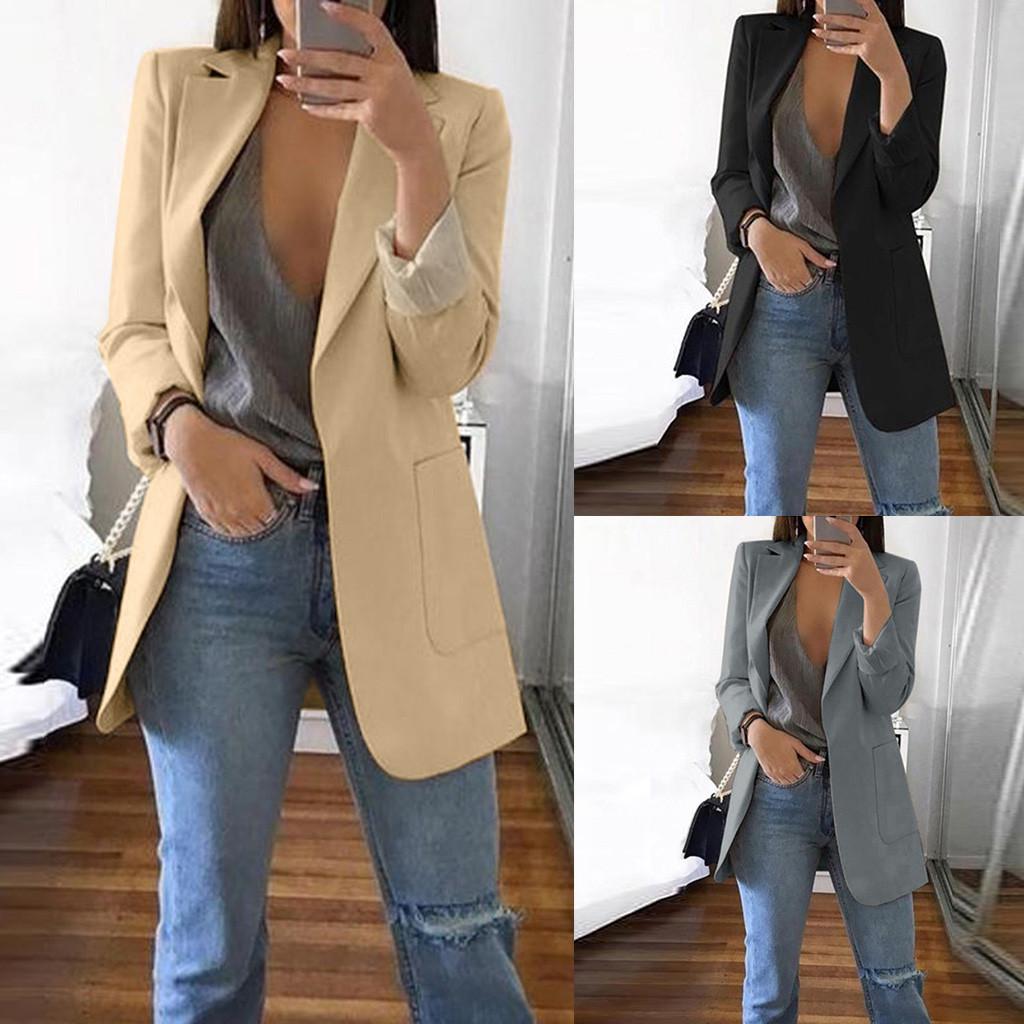 Buy Women Solid Open Front Pockets Cardigan Formal Suit Long Sleeve ...