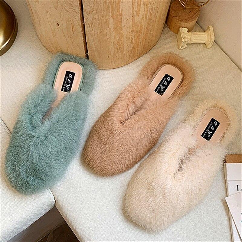 Furry slippers women 2020 autumn and winter wear flat bottomed rabbit ...