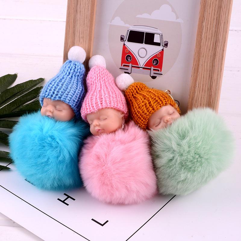 Sleeping Baby Doll Keychain Pompom Rabbit Fur Ball Car Keyring Baby Toy ...