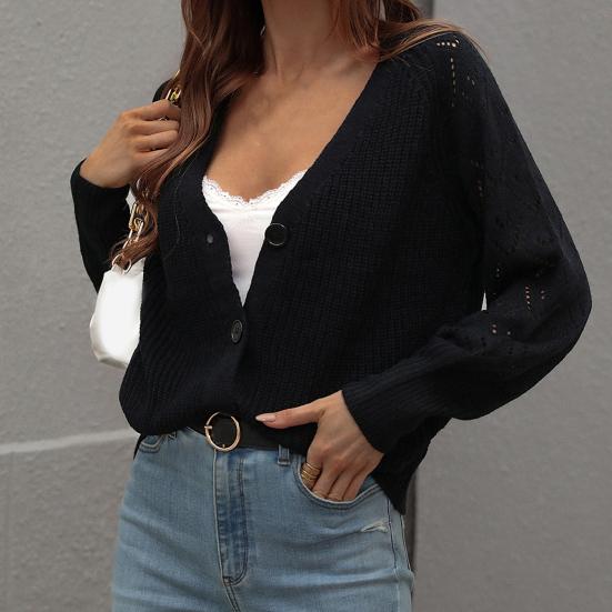 Buy V-neck Long Sleeve Loose Fit Sweater Cardigan Solid Color Buttons ...