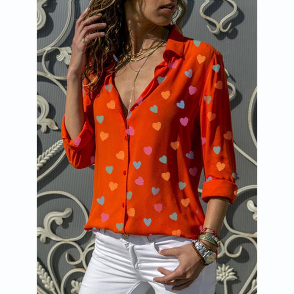Womens Heart Print Button Shirt Ladies Long Sleeve Loose Casual Work Blouse Tops acheter à prix ...