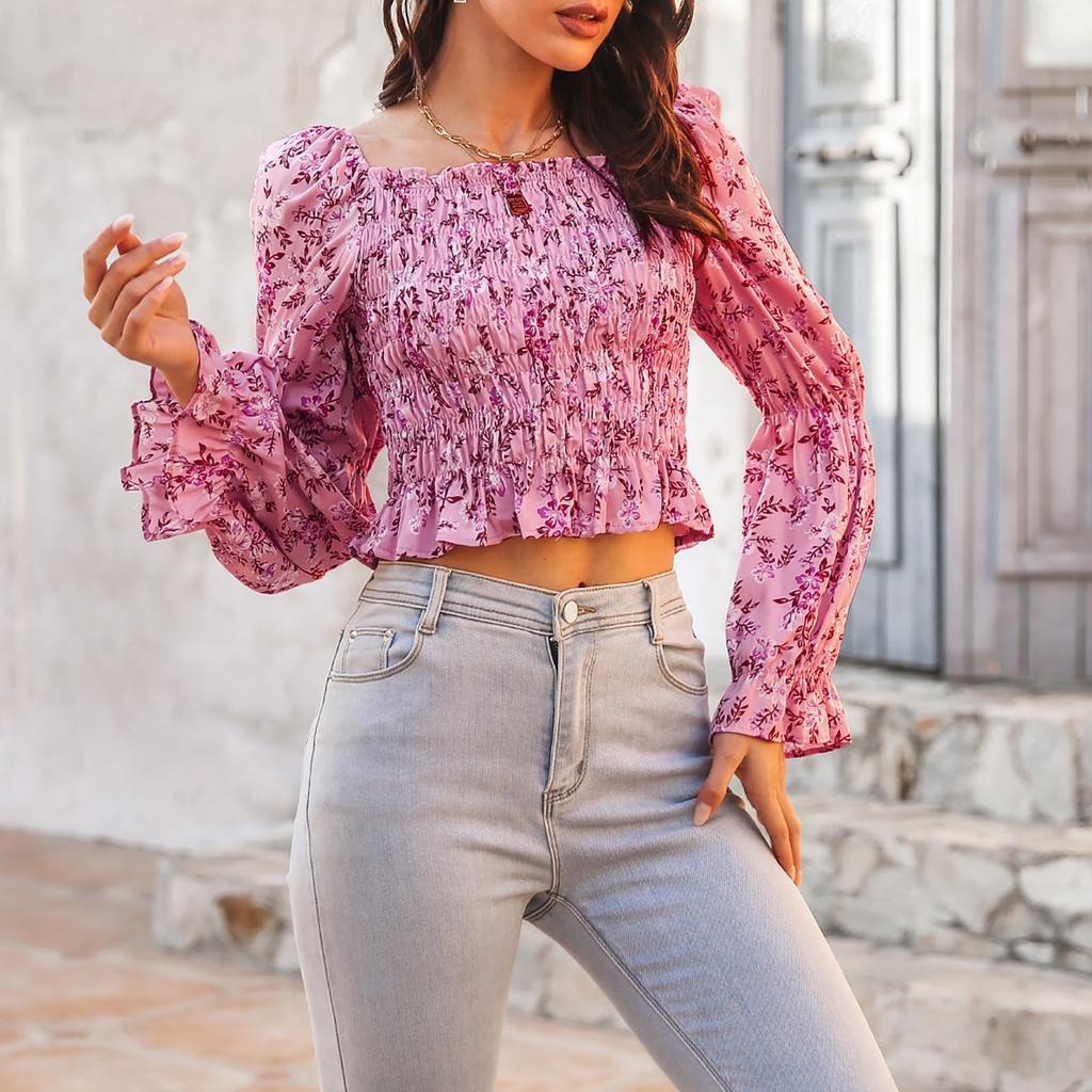 Cheap Women's Casual Fashion One-word Collar Long-sleeved Ruffled Loose ...