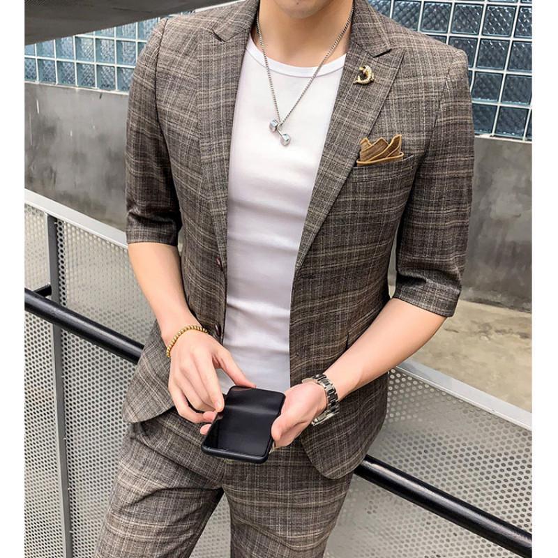 Buy Business Formal Men 2 Piece Sets Three Quarter Sleeve Plaid Blazer ...