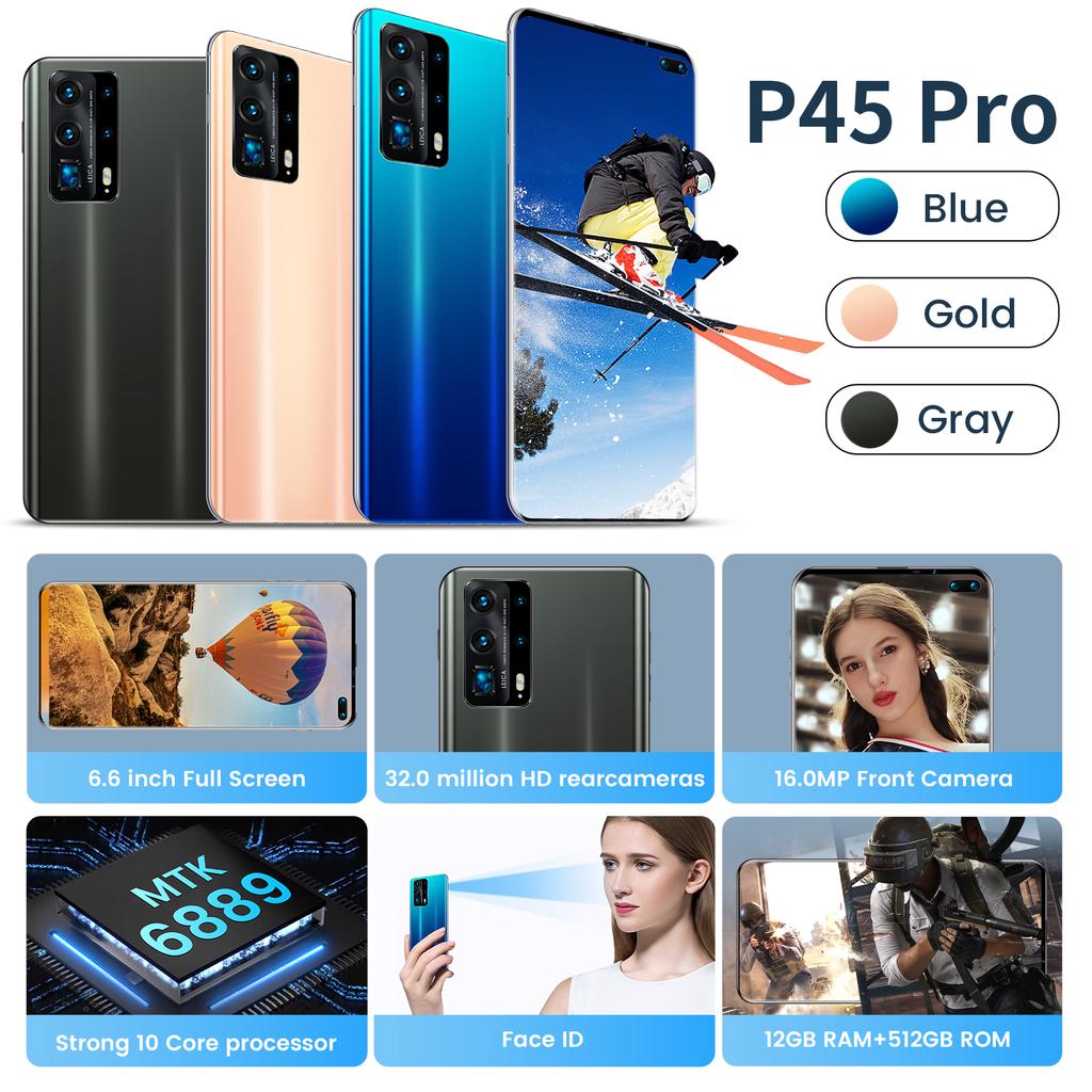 Buy 6.6inch Full Display MTK6889 Deca-core Smartphones P45 Pro 12GB RAM ...