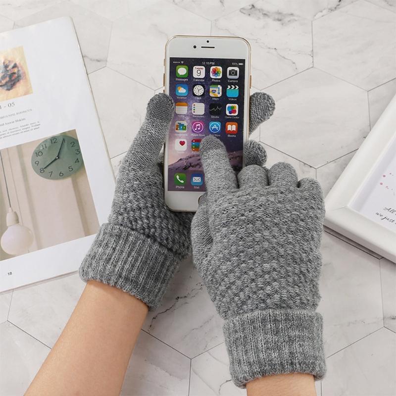 Buy Unisex Winter Knitted Touch Screen Gloves Solid Color Thick Plush ...