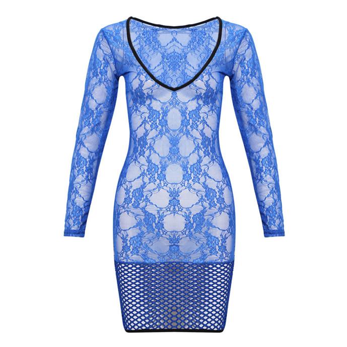 💰Köp billigt online Sexy Deep-V Lace Fishnet Inset Long Sleeves Bodycon ...