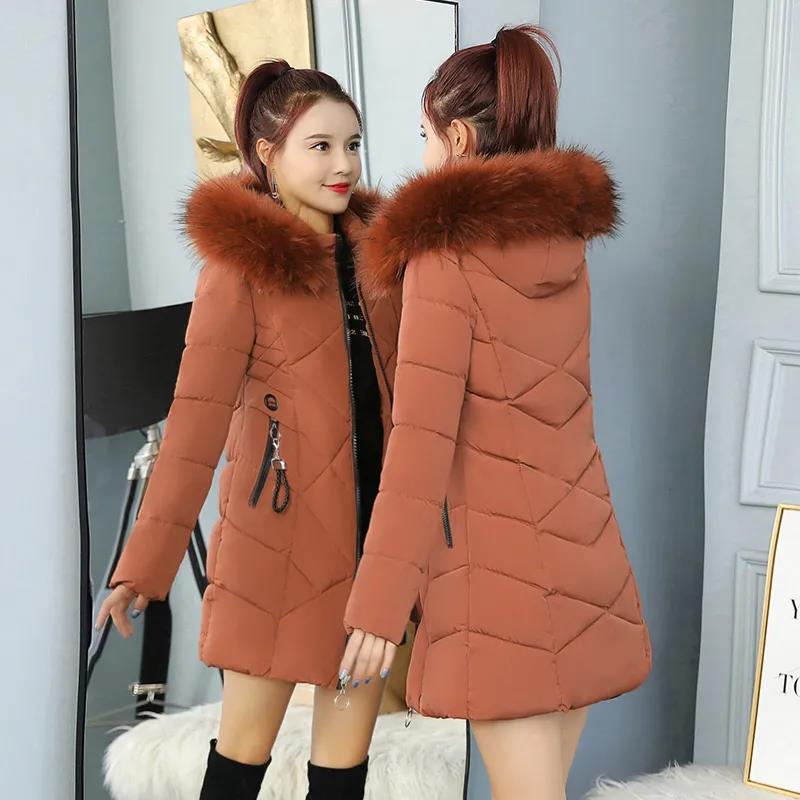 Buy Winter Down Jacket Ladies Thick Fashion Slim Cotton Jacket Mid-length Hooded Big Fur Collar ...