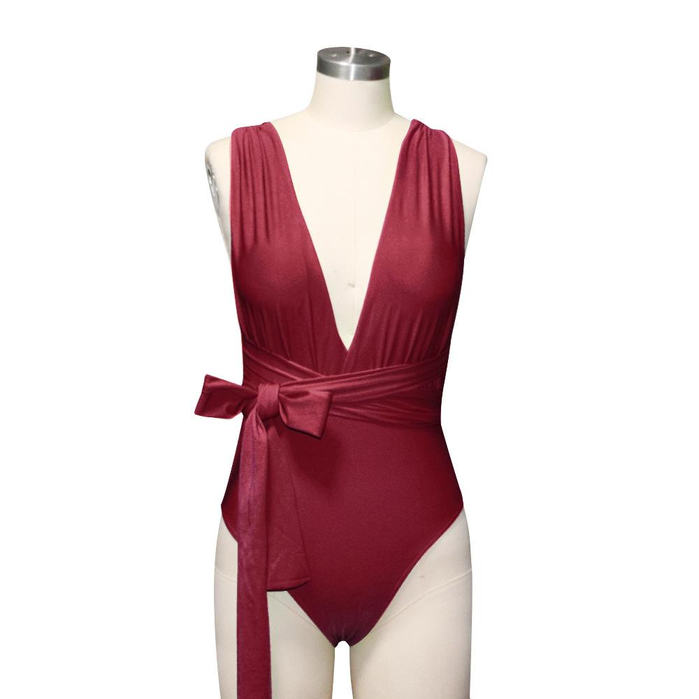 Buy Women One Piece Solid Bikini Swimsuit Deep V Neck Monokini Bathing ...
