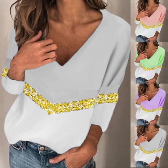 Cheap Great Patchwork Contrast Colors Comfortable V Neck Spring Blouse ...