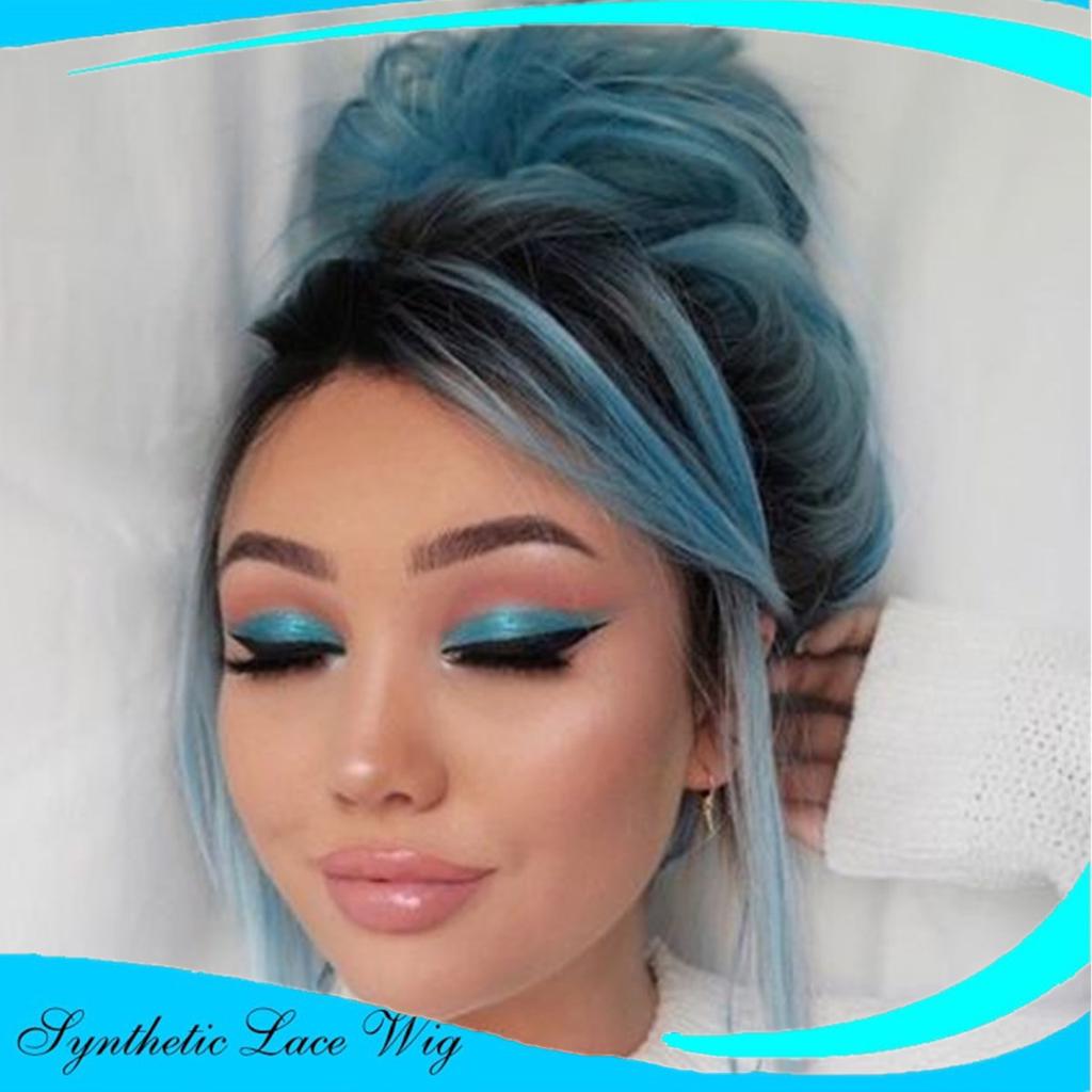 Buy 14Inch Lace Front Wig Synthetic Fiber Hair Women Bright Blue ...