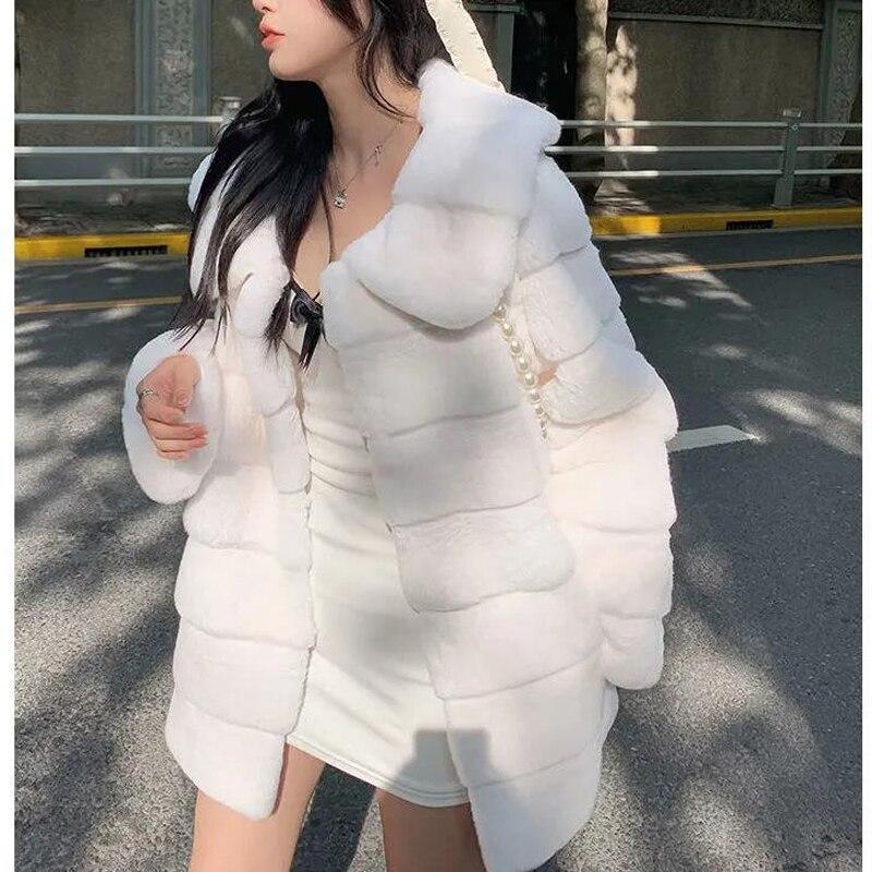 Buy 2021 Winter Faux Rabbit Fur Coat Women Lapel Fur Jacket Stripe ...