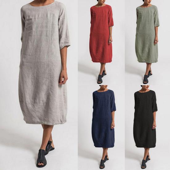 Buy Vintage Summer Elegent Beauty Lady Dress Color O Neck Loose Midi ...