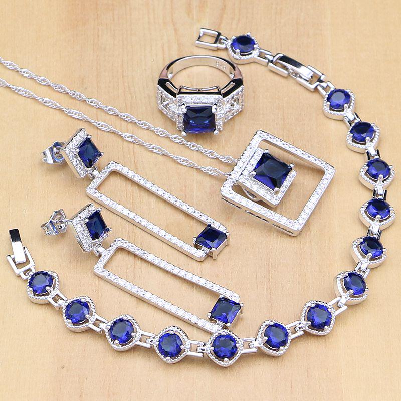 Buy Square Silver Color Jewelry Sets Blue Cubic Zirconia Coustome for ...
