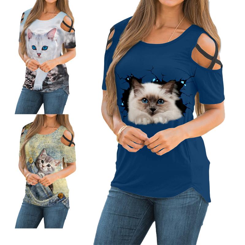 Buy Women Animal Cat Pattern 3D Printed Sexy Strapless T-shirt Round ...
