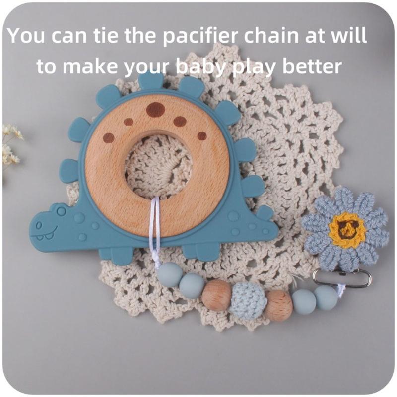 Satın alın Baby Silicone Teether Bead Cartoon Animal Dinosaur Wood Ring ...