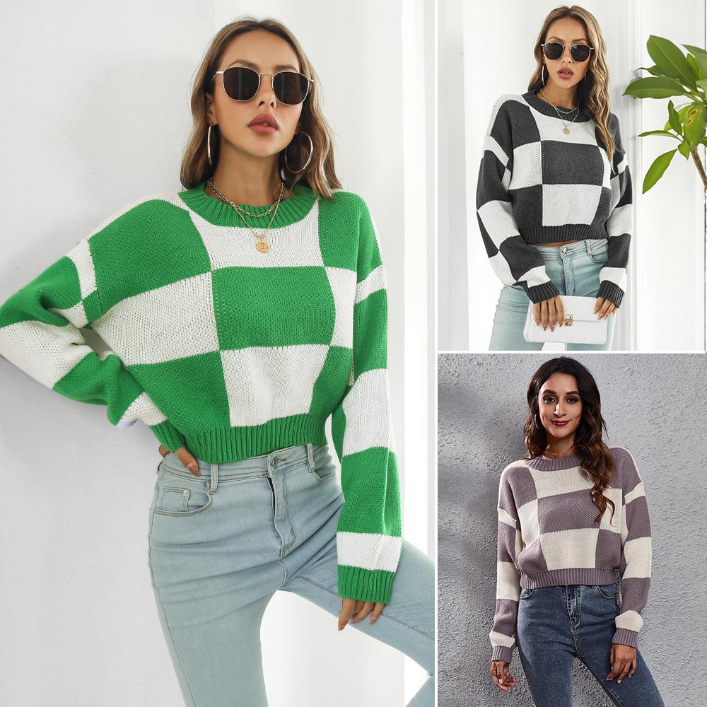 Women's Check Short Sweater Loose Check Jacquard Knit Sweater uygun ...