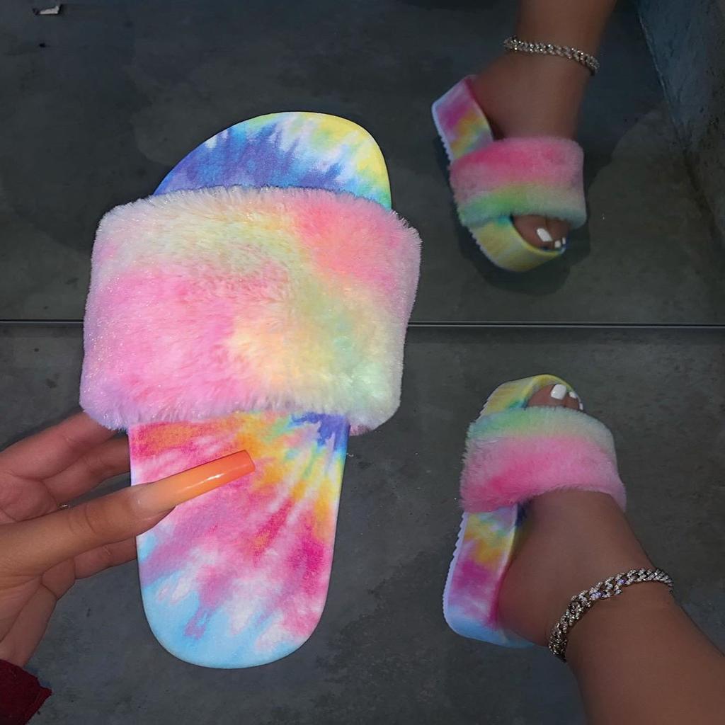 Women's Shoes Autumn New Style Tie-dye Candy-colored Plush Slippers ...