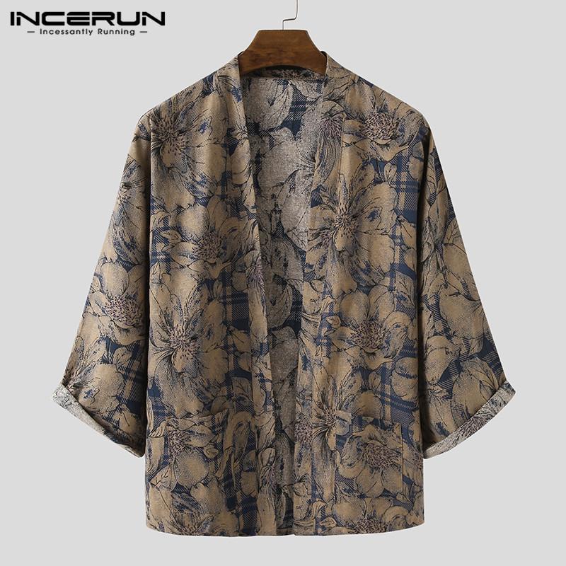 Buy INCERUN Yukata Men Kimono Cardigan Men Japanese Kimonos Tops Retro Print Asian Clothes ...